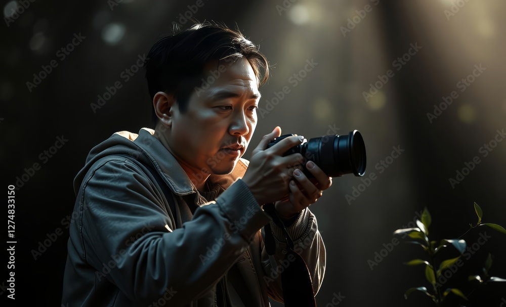 Asian man taking photographs of nature East Asian china japan japanese ...