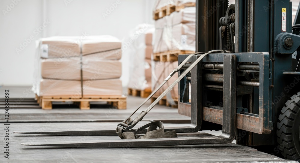 Forklift loading pallets in warehouse with safety straps for secure ...