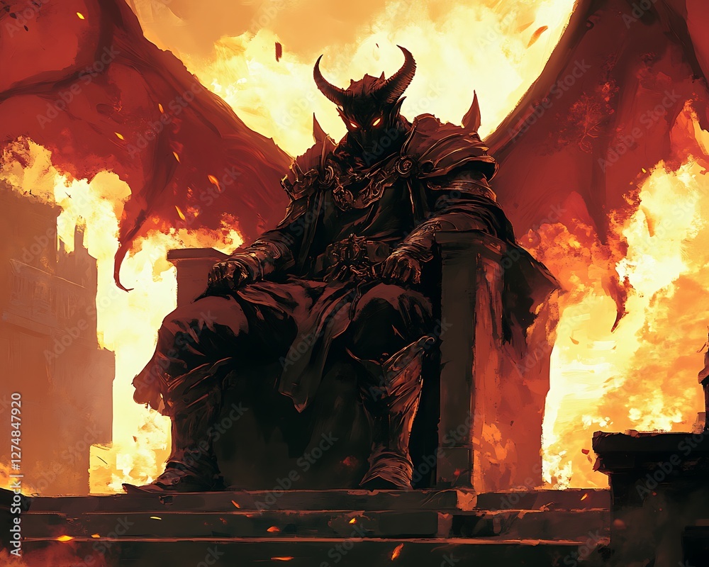 Fiery Demon King on Throne Amidst Ruins Stock Illustration | Adobe Stock