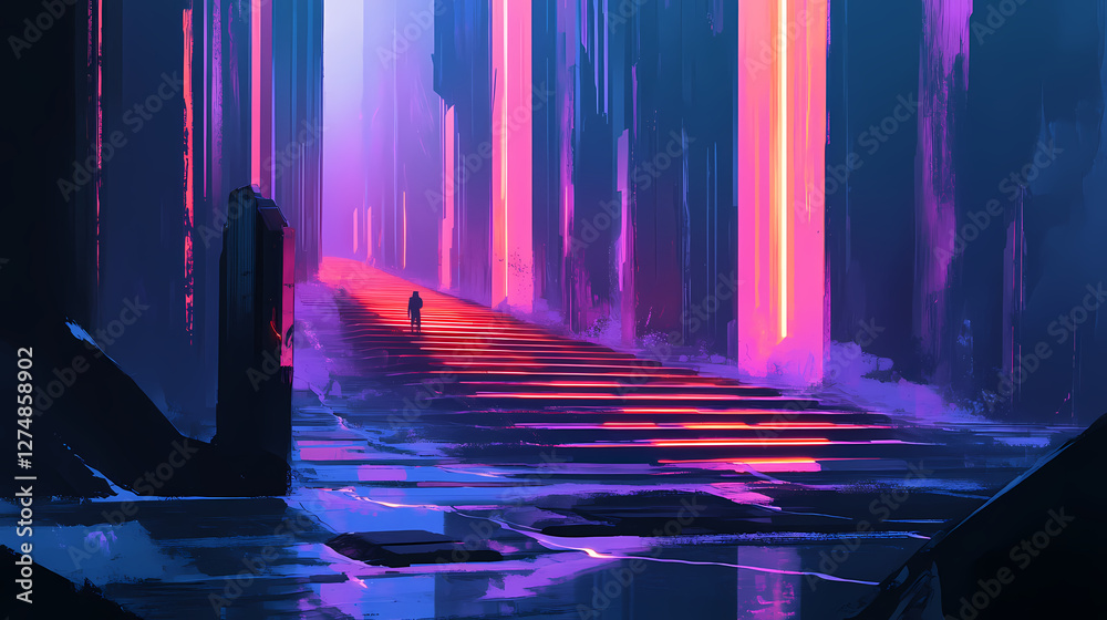 Futuristic architectural corridors with parallel lines of glowing ...