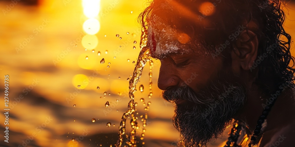 Sadhu pouring water on his head during kumbh mela in india at sunset ...