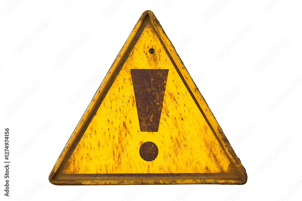 old yellow triangle warning sign with exclamation mark isolated on ...