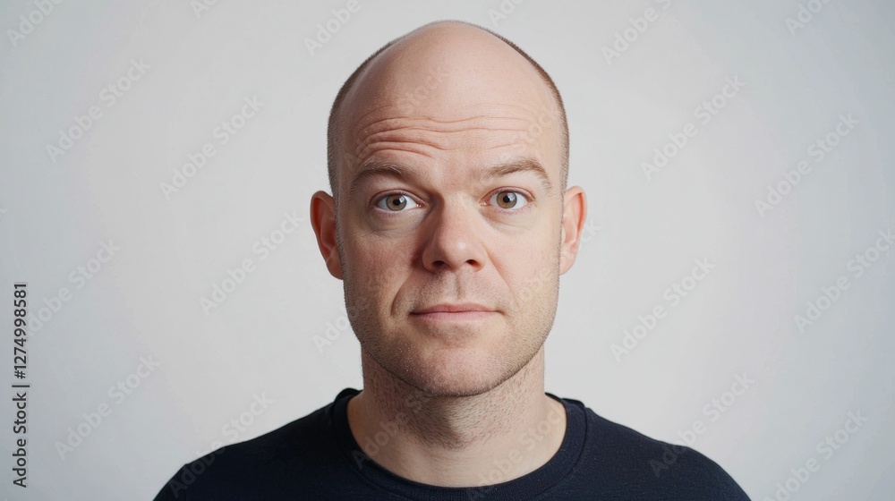 Portrait of Caucasian middle aged balding man looking at camera, white ...