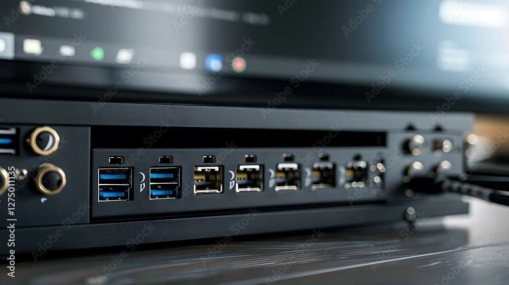 Computer back panel with a focus on high-speed Ethernet, USB-C, and ...