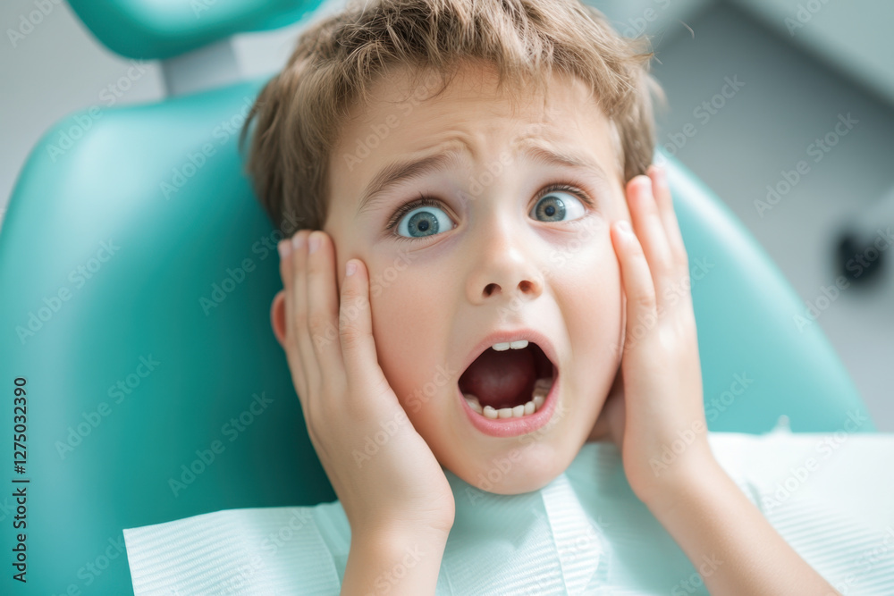 Foto de Stock 12 year old boy with toothache, sitting in dental chair ...