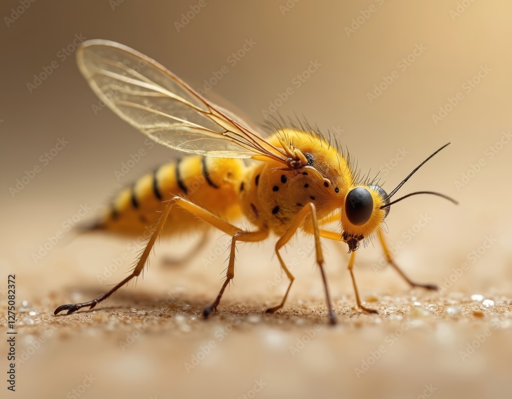 Close-up of sandfly, a tiny, hairy, mothlike fly with yellow body and ...