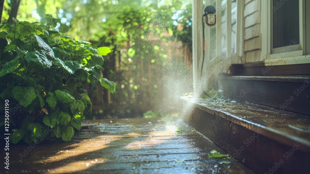 Cleaning the porch with a pressure washer, removing dust and dirt from ...