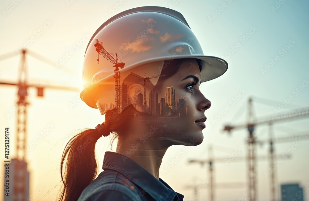 Double exposure profile of woman engineer in helmet with construction ...