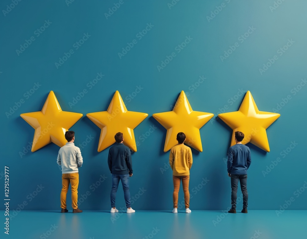 Four people stand look at four yellow stars on a wall. Feedback concept ...