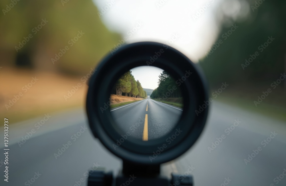 Vision through blurry rifle scope on road surrounded by trees. Focus on ...
