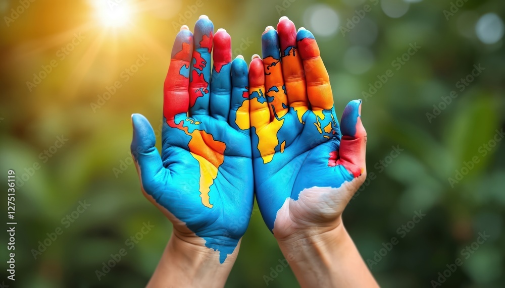World NGO Day backdrop. Hands painted with Earth map. Symbolizes global ...