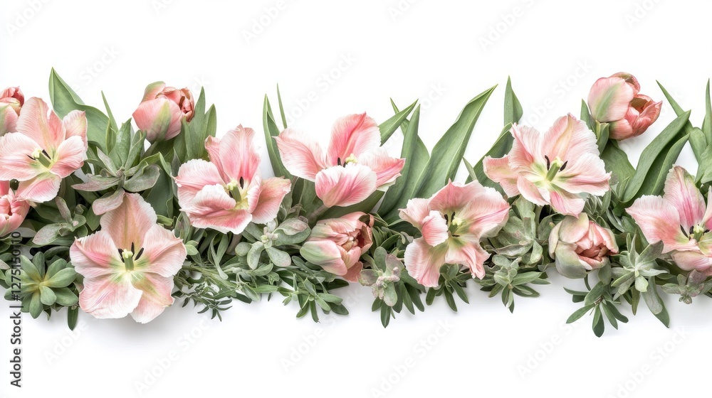 Wide format floral border featuring blooming pink tulips with white ...