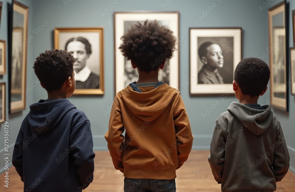 Three afro American boys are standing in art gallery looking at ...
