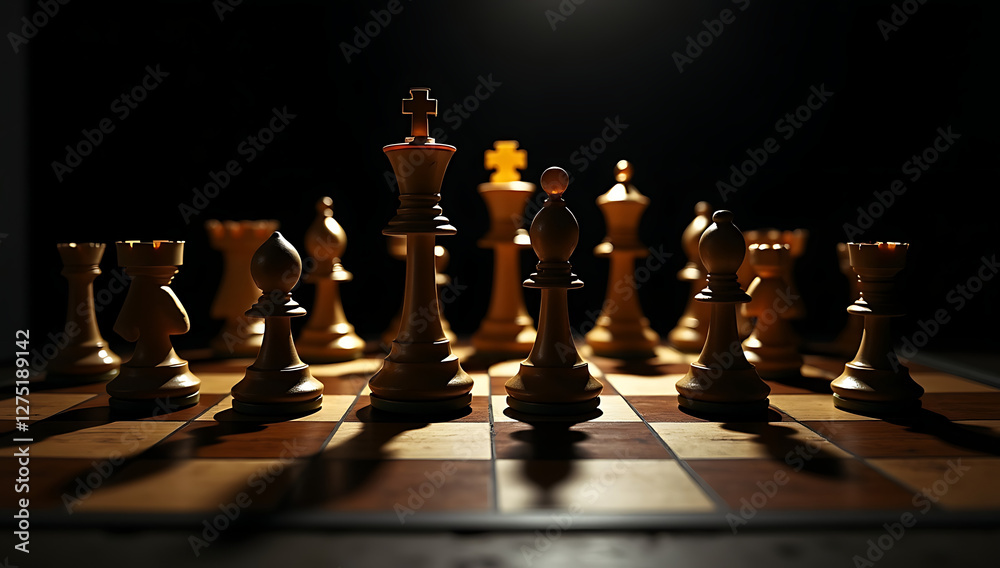 A moody, high-contrast chessboard where all the pieces appear to be ...