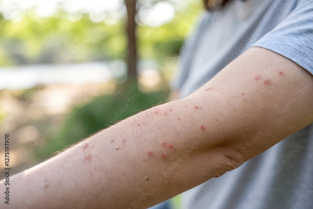 A close-up of irritated mosquito bites on a forearm, showing redness ...