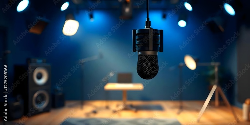 background wide shot on a studio set with a microphone hanging from top ...