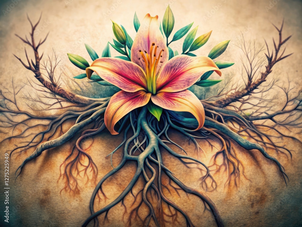 Artistic ink captures a vintage lily's grace, its abstract roots a ...
