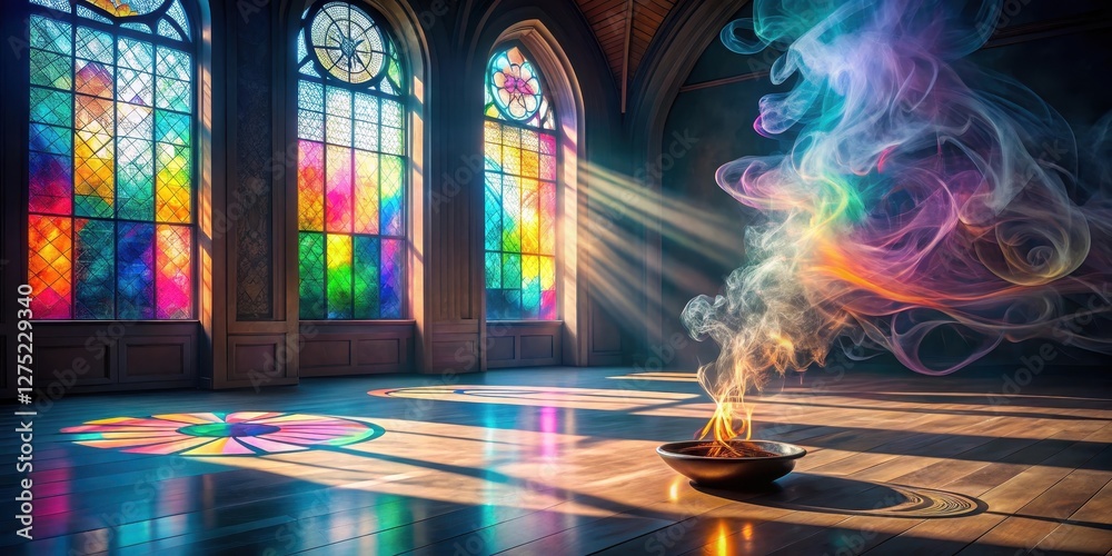 Serene Sanctuary Colorful Smoke Rising from a Bowl in a Hall with ...