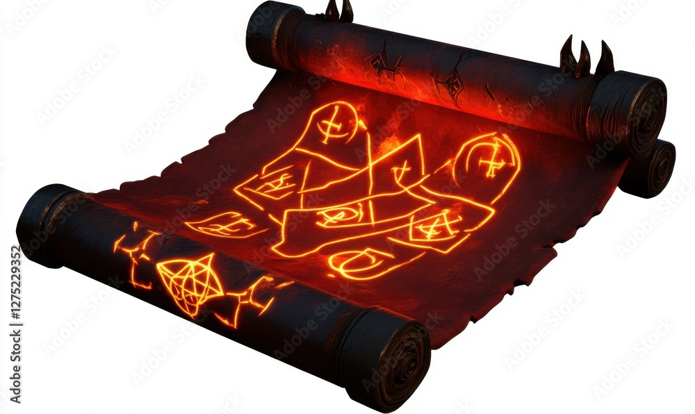 Ancient scroll with glowing symbols and mystical markings, set against ...