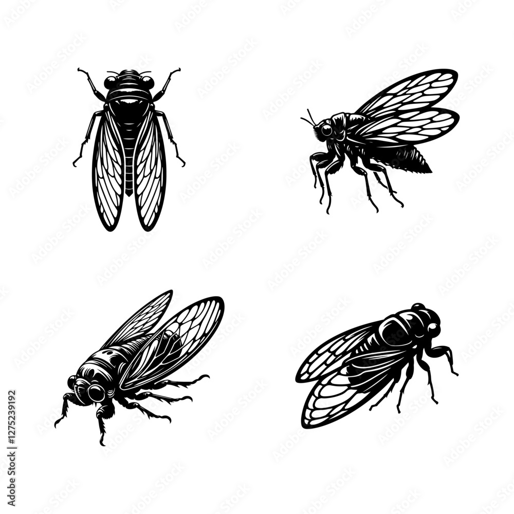 Cicada Silhouette Vector Set – Detailed Insect Illustrations for Logos ...