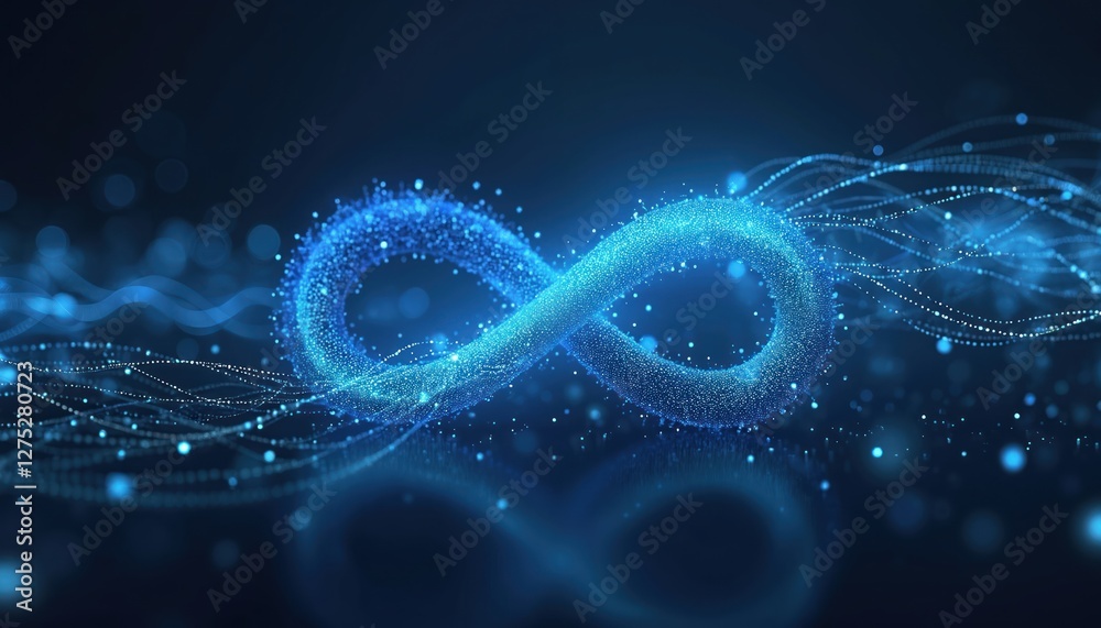 Glowing data points and lines form infinite symbol. Represents endless ...