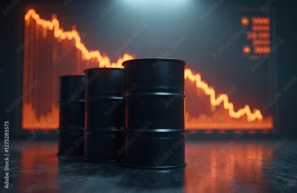 Black oil barrels named BRENT stand near falling price chart ...