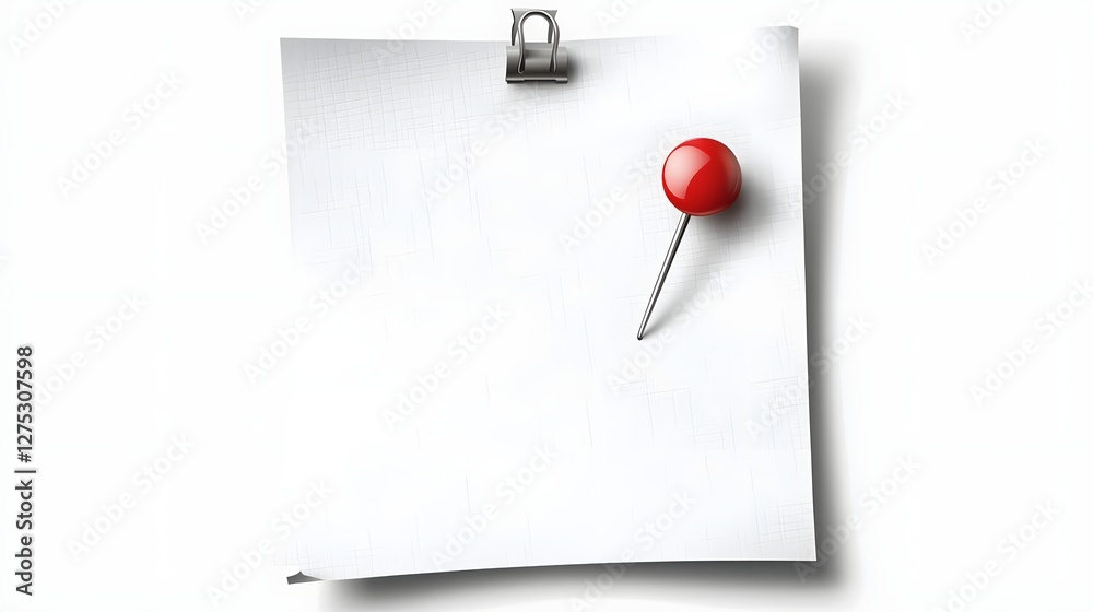 Clean and simple note paper secured with a red push pin on a ...