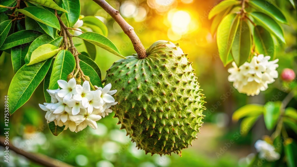 Graviola's beauty captured: vibrant soursop fruit, leaves, and flowers ...