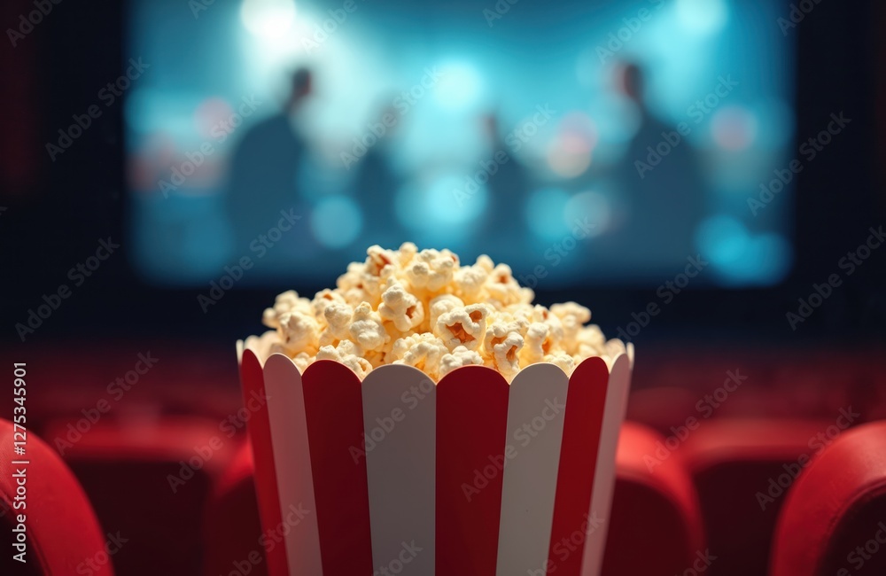 Foto de Stock Striped popcorn bucket in movie theatre. Red seats ...