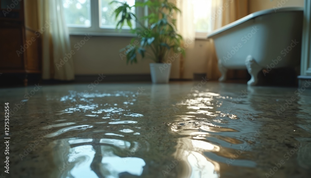Submerged room floor with water damage. Interior requires urgent repair ...