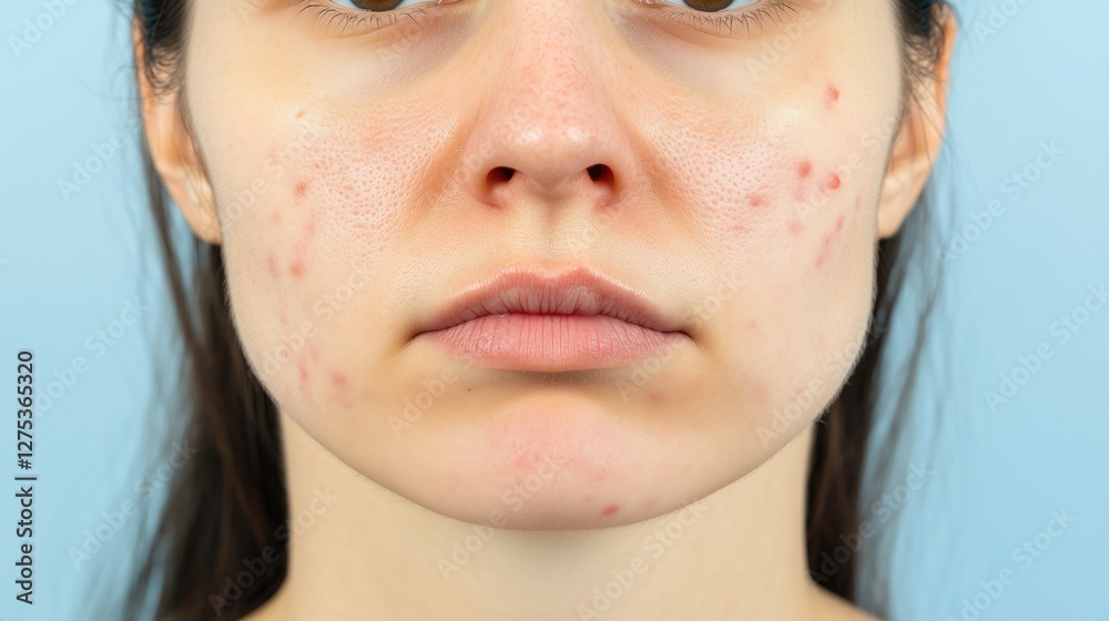 Acne. Close-up of a woman's face with dark spots on the skin. Pimples ...