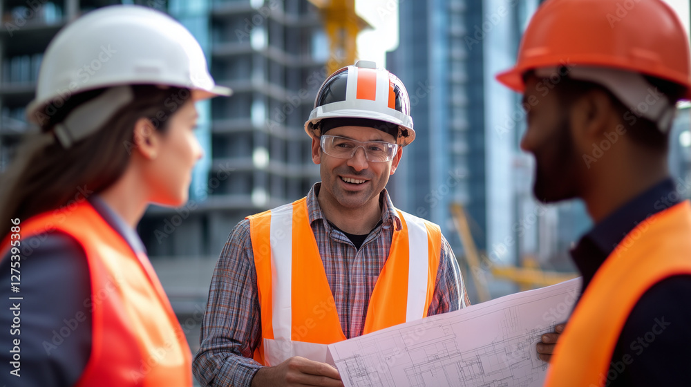 Building Safety Month, A building engineer wearing helmet and orange safety vest inspecting the ...