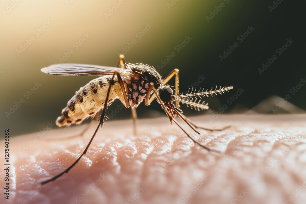 Common house mosquito drinking blood on human skin. Mosquito is biting arm. closeup of a nasty ...