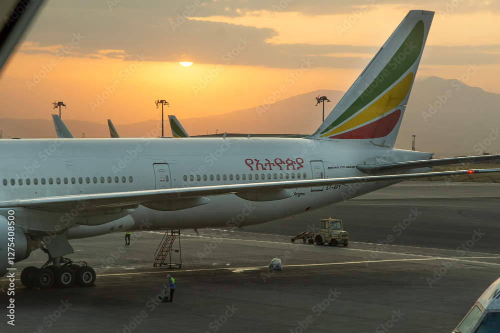 ADDIS ABABA, ETHIOPIA - JANUARY 29, 2025: Airplanes from Ethiopian Airlines lined at the Addis ...