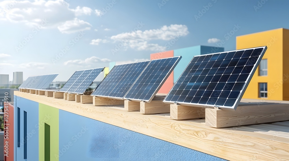 Rooftop renewable energy system with modern solar panels installed on a ...