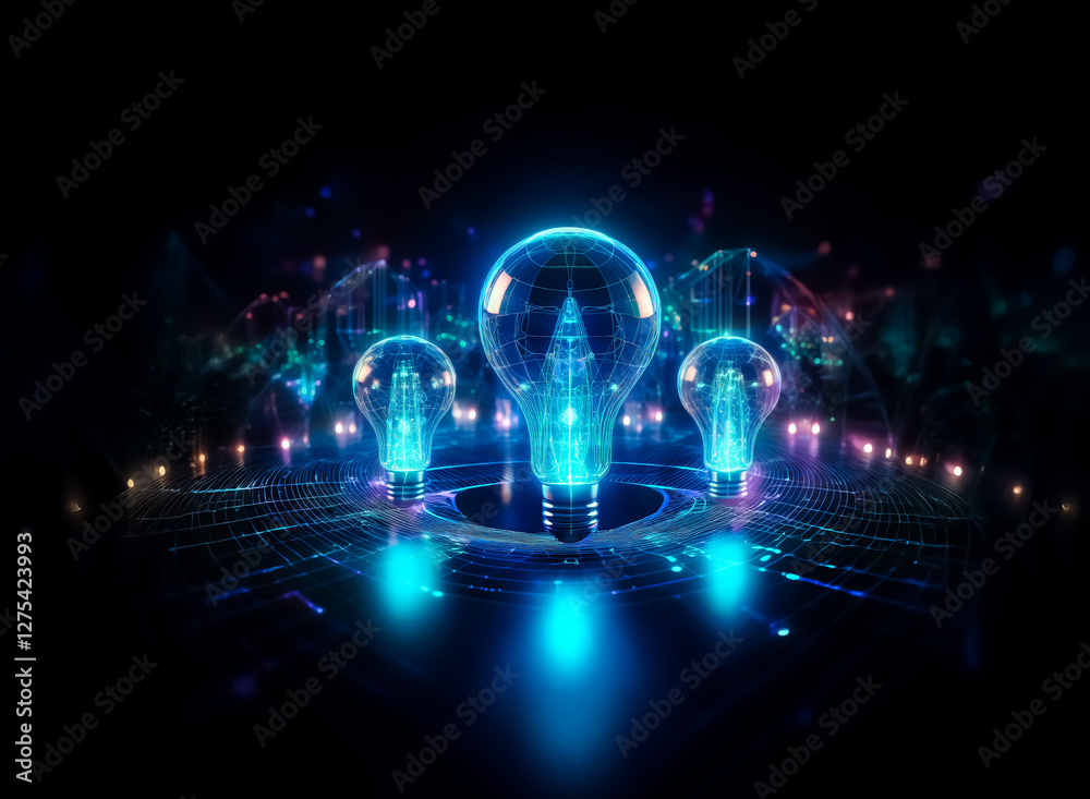 Three luminous blue light bulbs stand on a digital platform, radiating ...