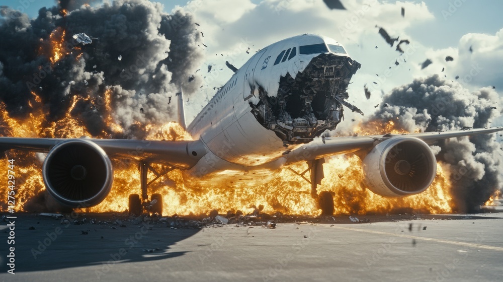 Air crash disaster with burning plane falling to the ground. Fiery ...