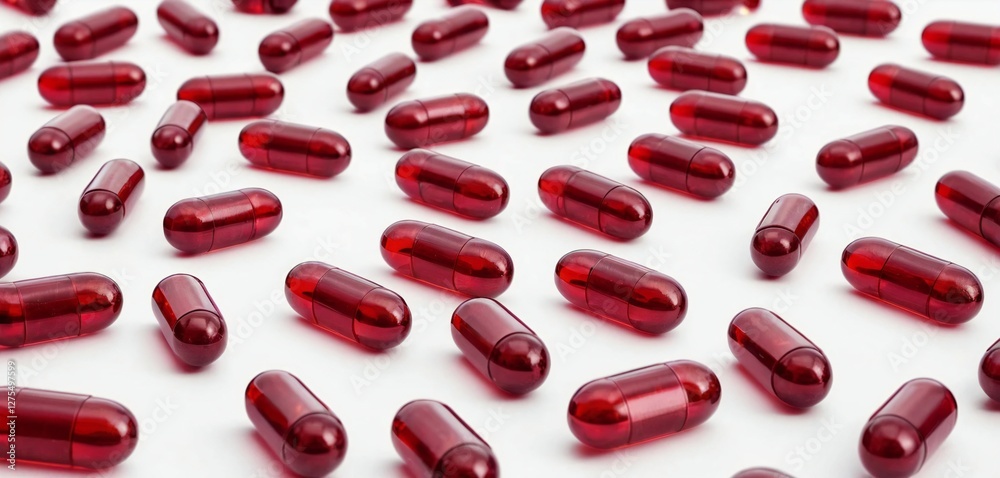 Red gelatin capsules are scattered across a white background in varied ...