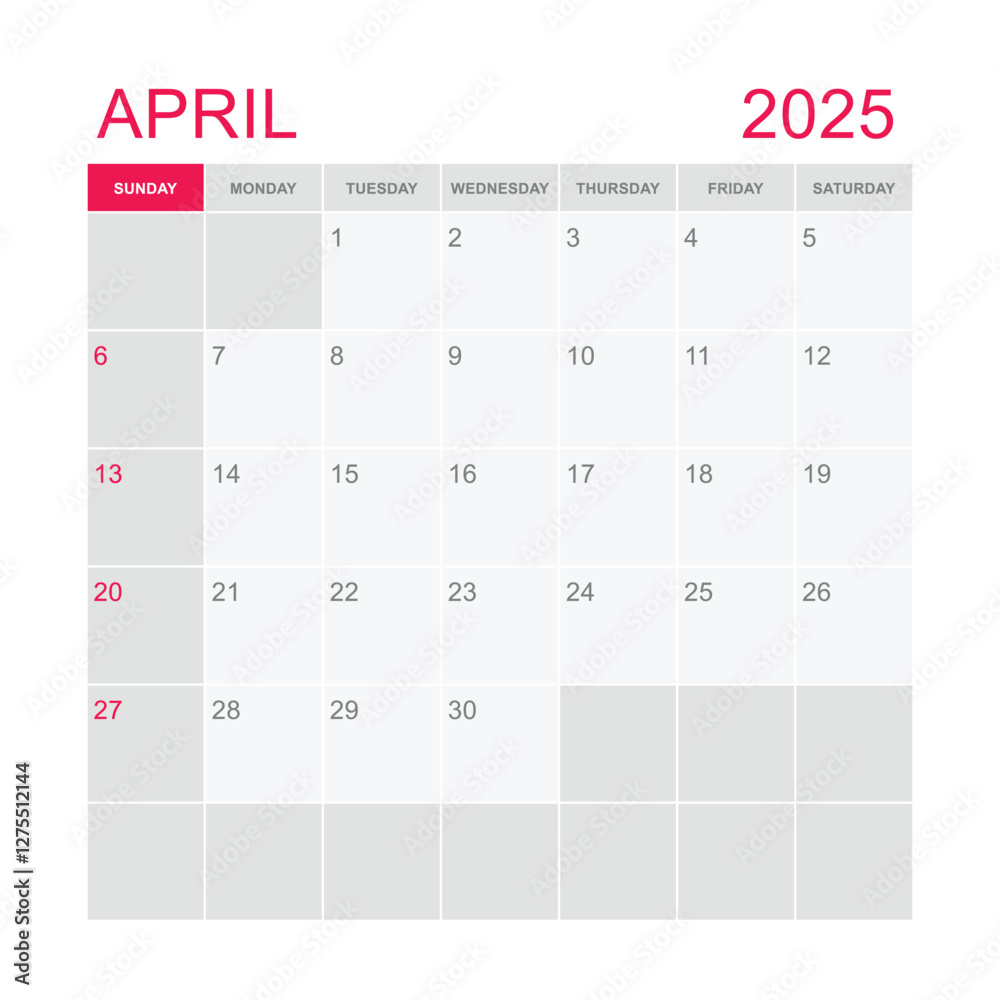 Classic monthly calendar for 2025. week starts on sunday. simple april ...