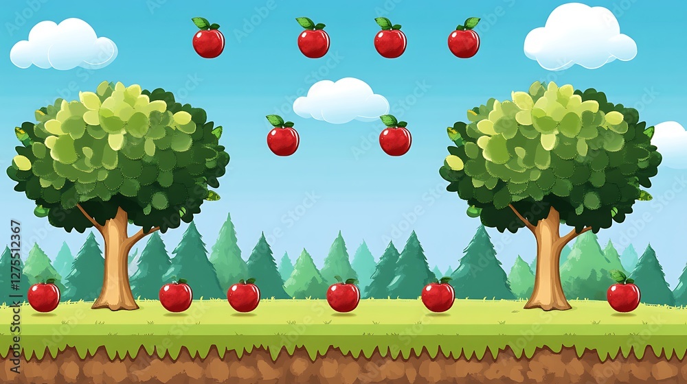 Apple Picking Game Scene: Red Apples Falling from Trees in a Forest ...