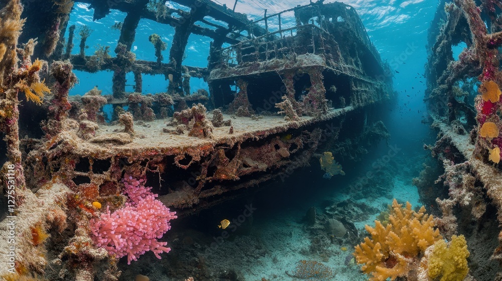 Coral reefs thrive over a sunken ship, a vivid underwater scene ...