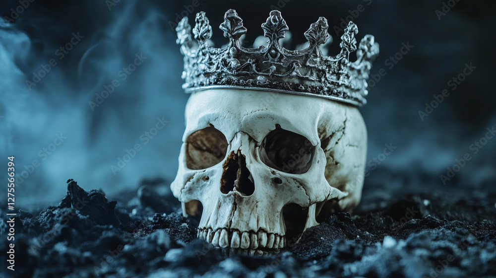 Foto de Stock Grim Human Skeleton Skull with Worn Crown on Ash Pile in ...