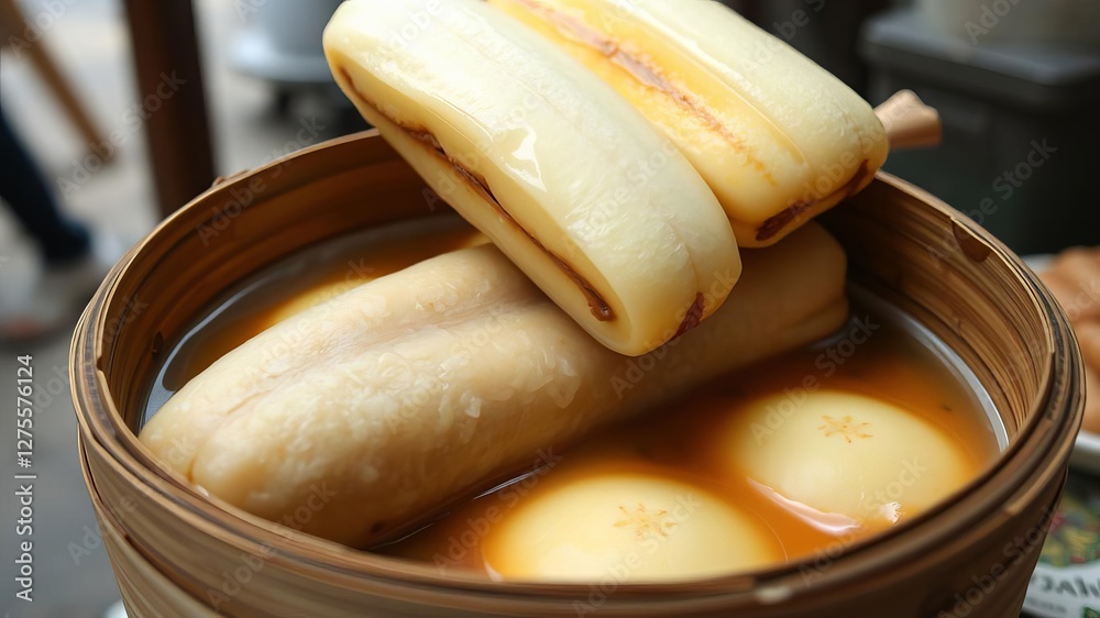 Steamed sticky rice with banana, also known as Khao Tom Mud, a ...