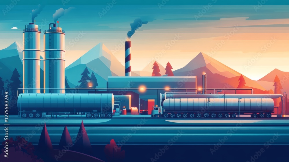 Detailed infographic of natural gas storage tanks and transportation ...