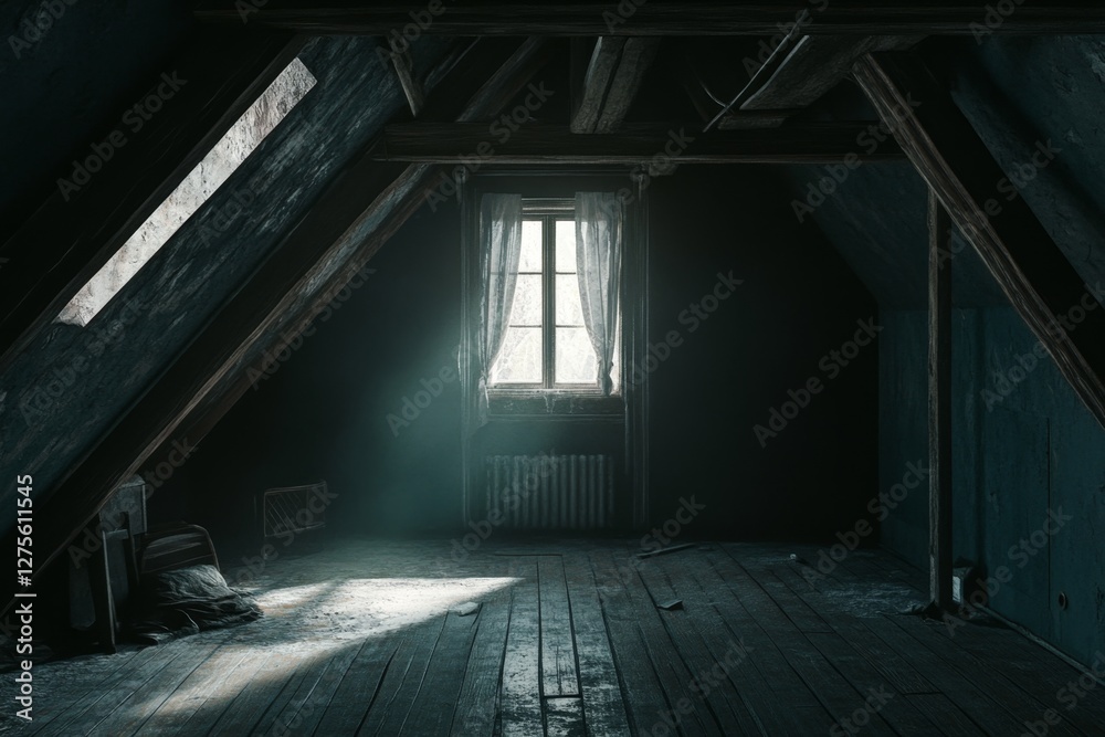 Dusty attic room, sunlight, window, shadows, wood floor, forgotten ...