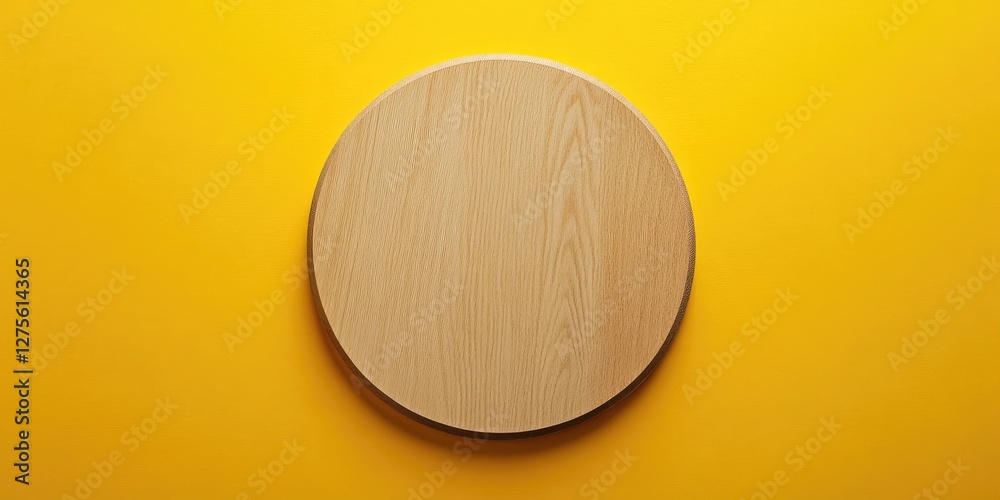 Circular wooden board centrally positioned against a bright yellow ...