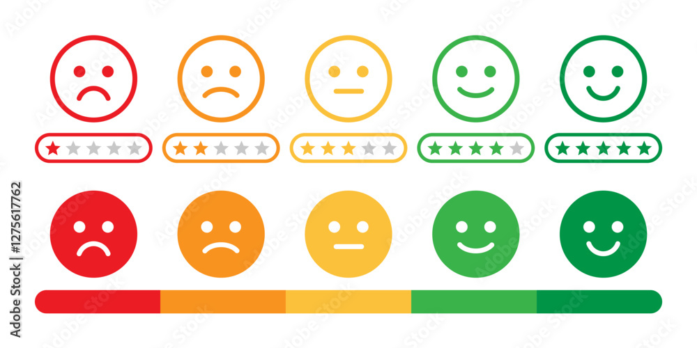 Feedback rating emoticons icon set, customer satisfaction emoji faces happy and sad symbols for ...