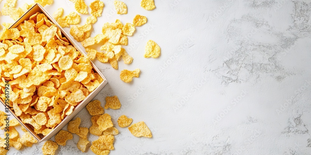 Yellow cornflakes spilling from a white box on a light gray background ...