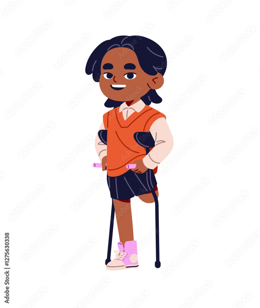 Cute disabled kid without leg leans on crutches. Happy black boy with ...