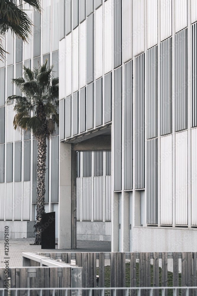 Side view of a modern building featuring vertical and horizontal ...